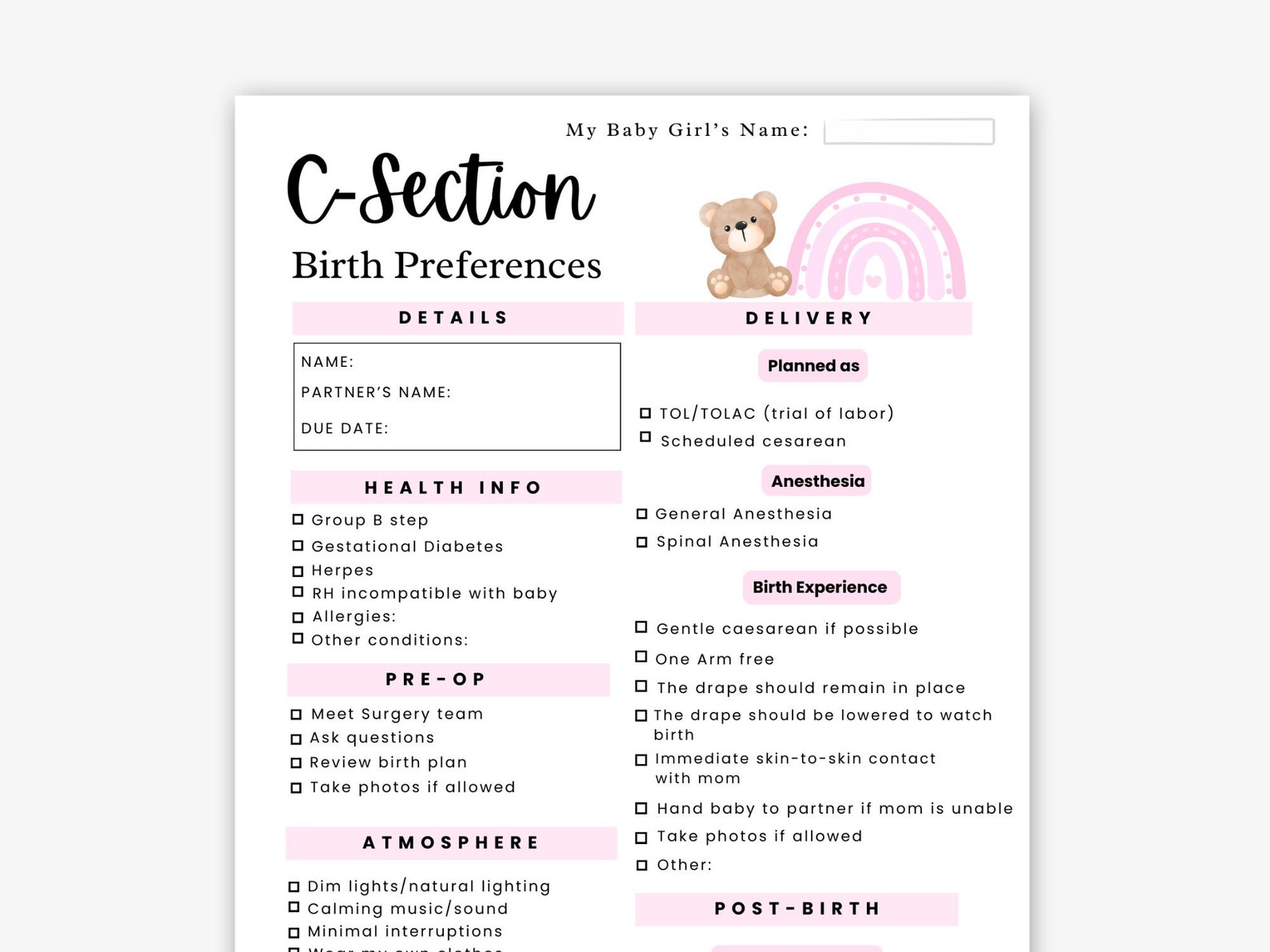 Pastel Pink C-section Birth Plan Template, Expectant Moms Birth Plan ...