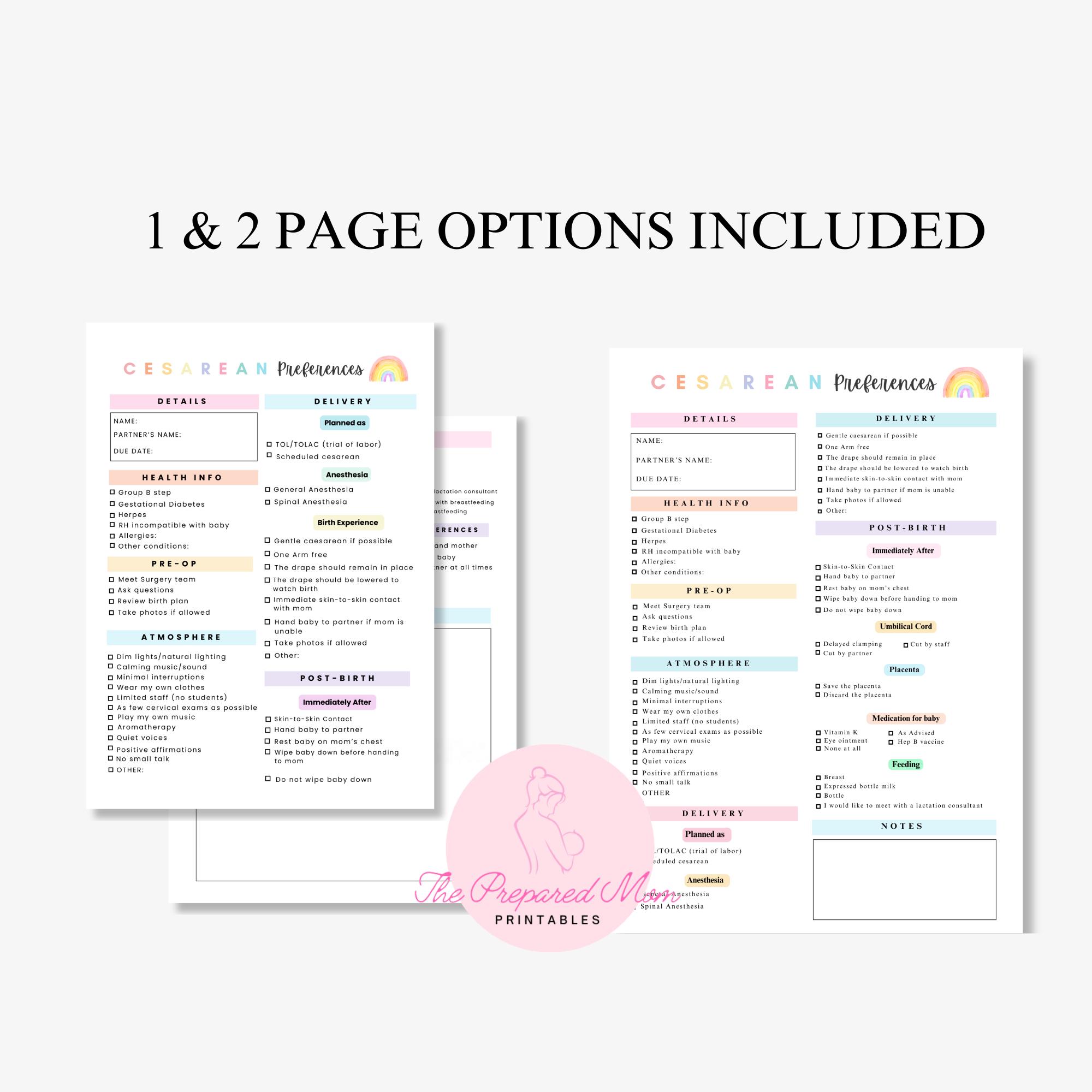 C-section Birth Plan Template, Editable Printable Cesarean Birth Plan ...