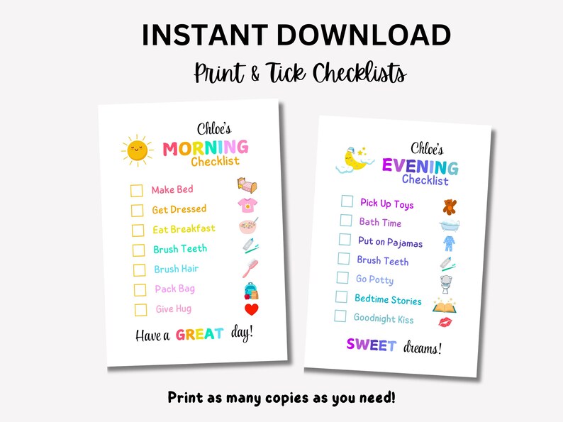 Morning and Bedtime Routine Checklists, Editable Routine Picture Chore ...