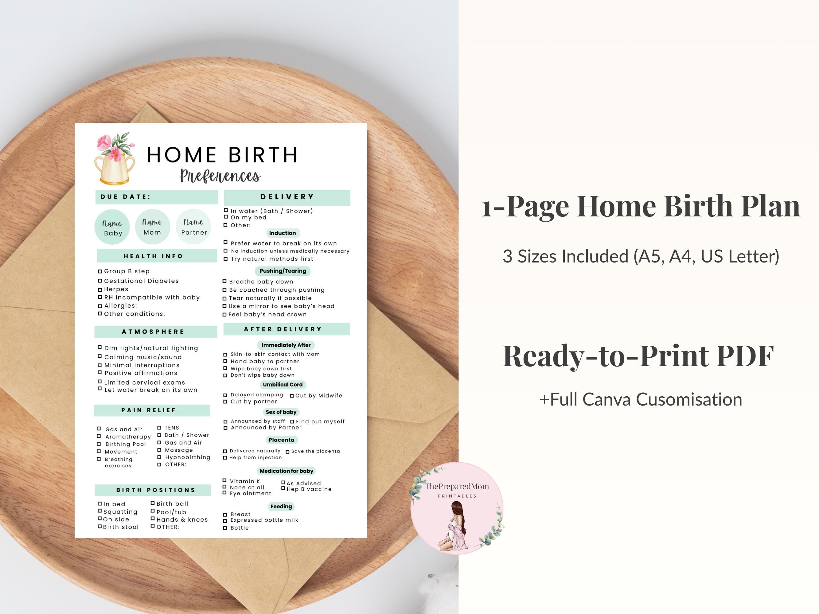 Simple Home Birth Plan Template, Editable Pastel Visual Birth Plan ...