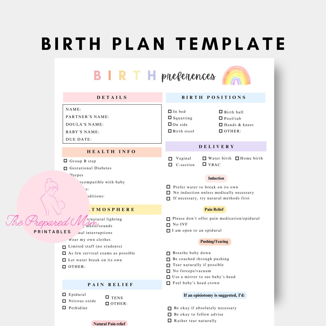 Editable Birth Plan Template Printable Doula Client Resource Labor And