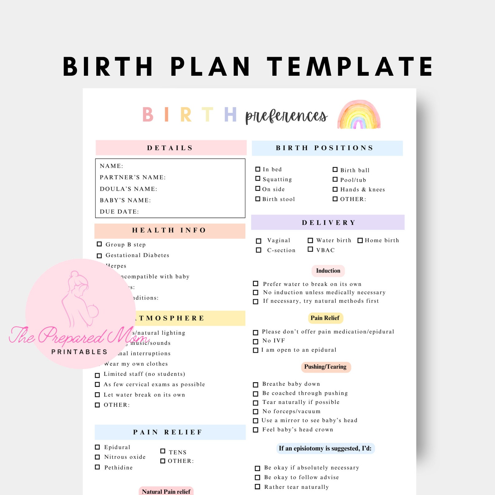 Editable Birth Plan Template Printable Doula Client Resource labor and ...