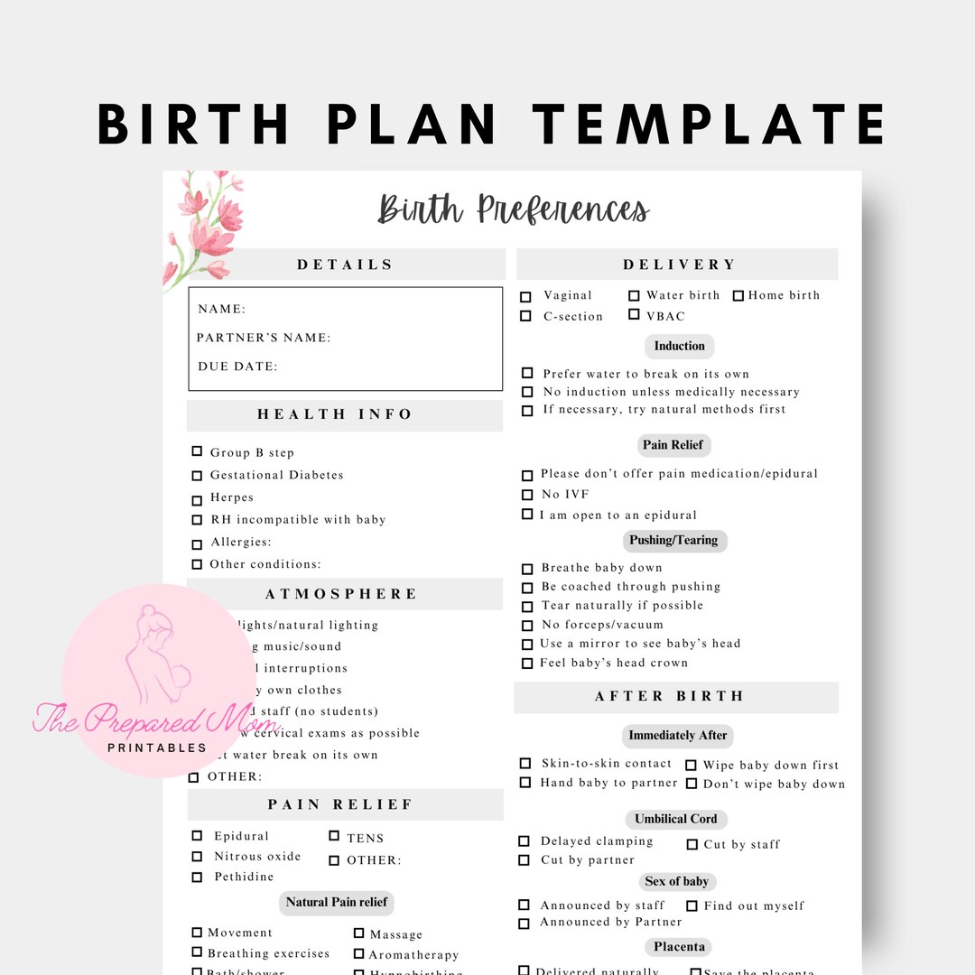 Editable Birth Plan Template Doula Printable Word Birth Plan Template ...