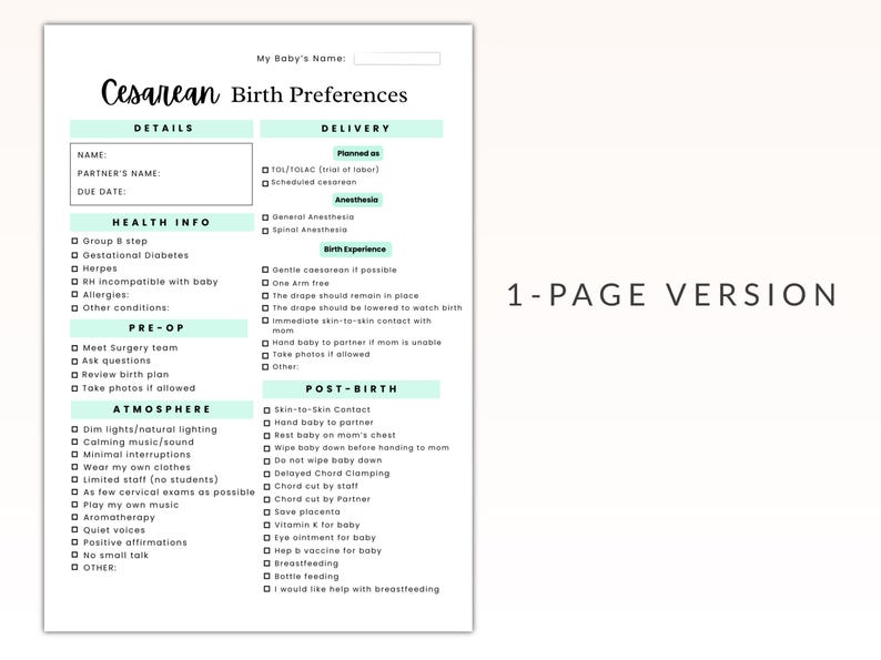 Gentle C-section Birth Plan Template, Planned Cesarean Hospital Birth ...