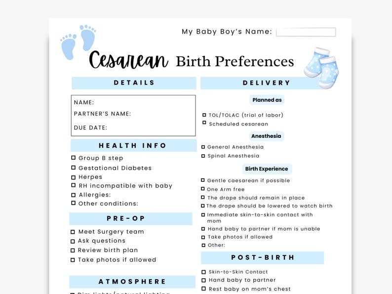 C Section Birth Plan Template for Boy, Pastel Blue Cesarean Birth Plan ...