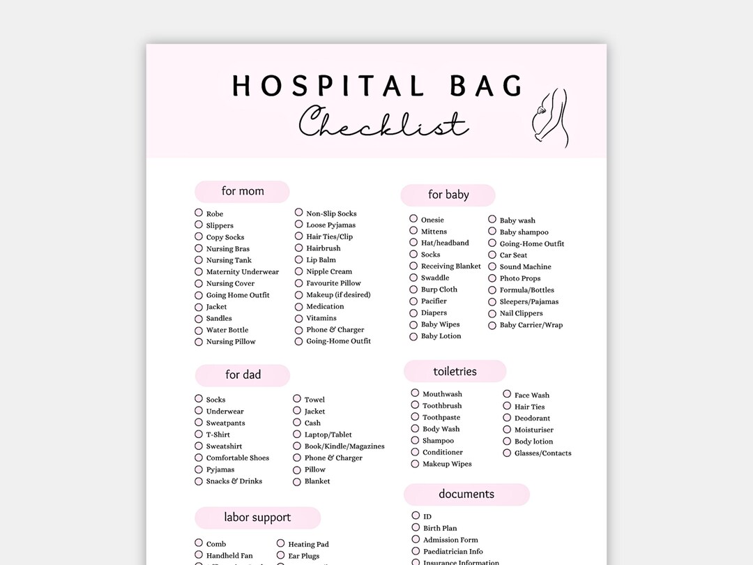 Hospital Bag Checklist, Editable Birth Bag Packing List, Expecting Mom ...