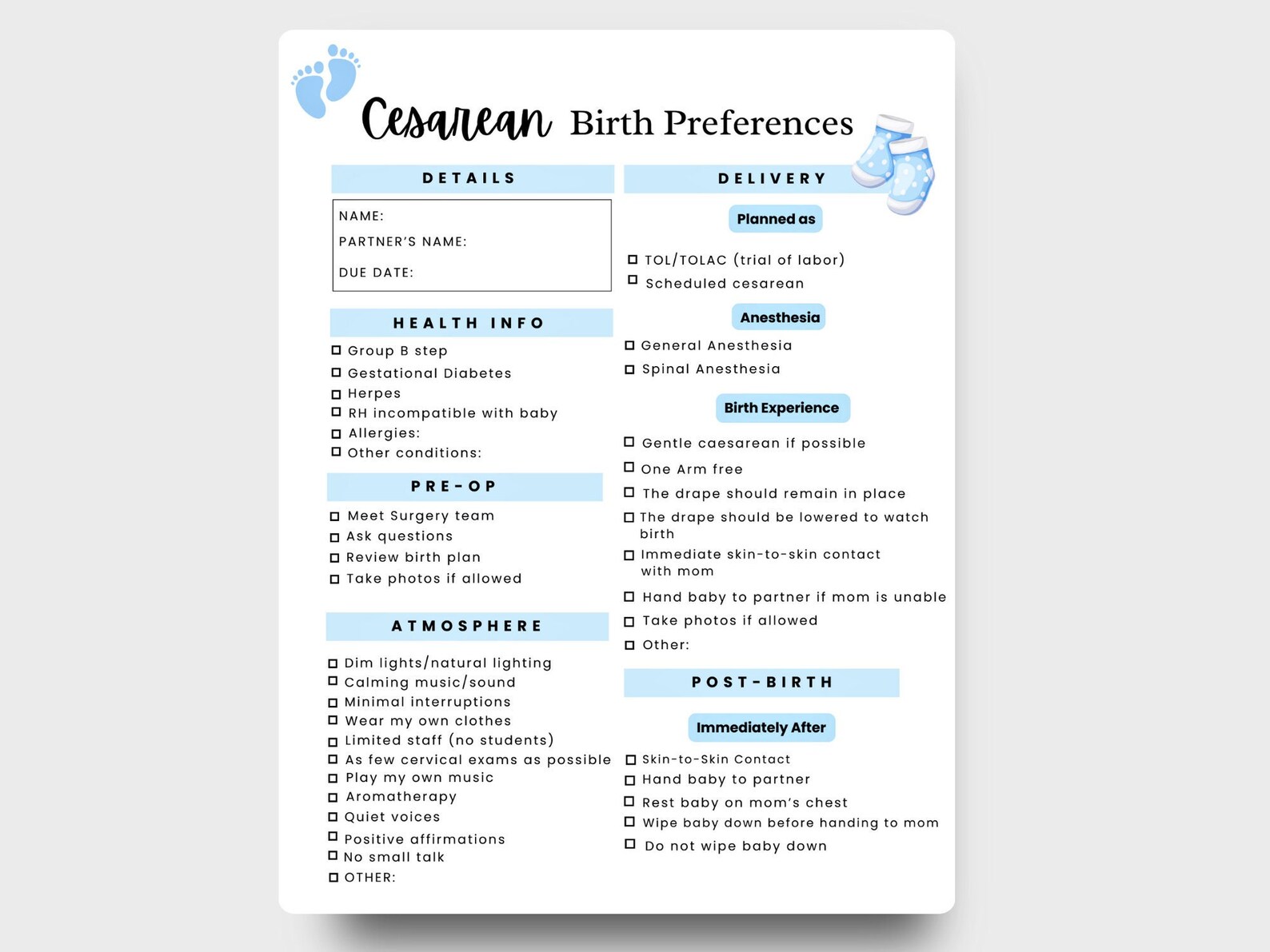 C Section Birth Plan Template for Boy, Pastel Blue Cesarean Birth Plan ...