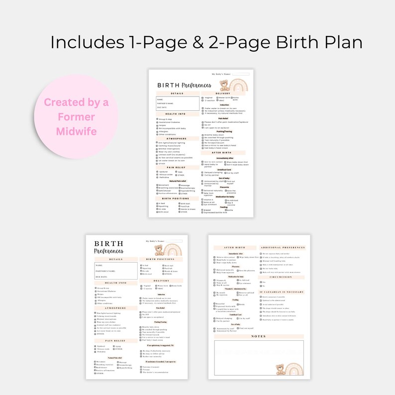 Birth Plan Template Bundle, Beige Teddy Bear Theme, Gender Neutral ...