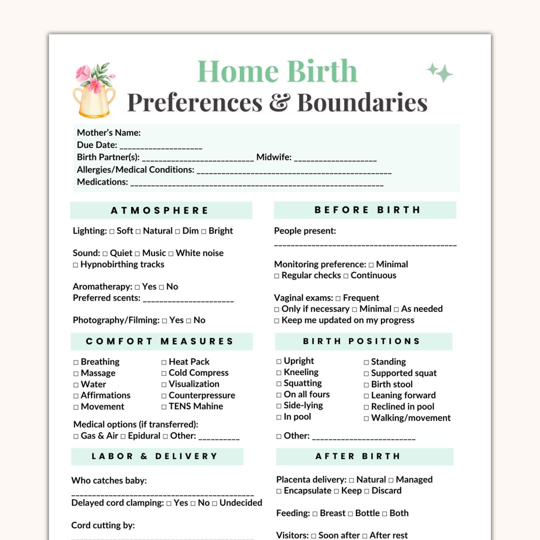 Home Birth Preferences & Boundaries Checklist, Birth Plan Template ...