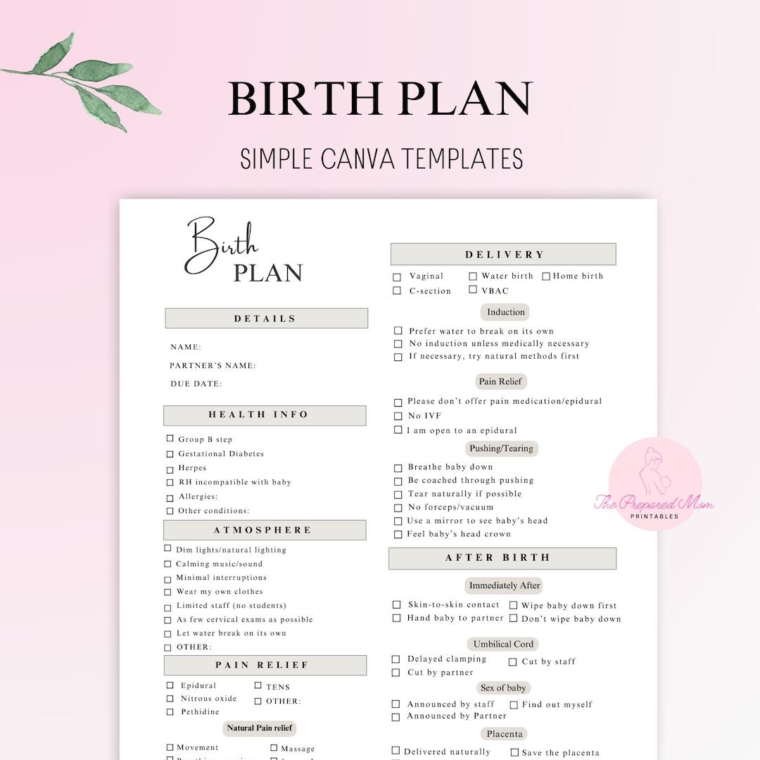 Editable Birth Plan Template, Simple Printable Canva Birth Plan, Visual ...
