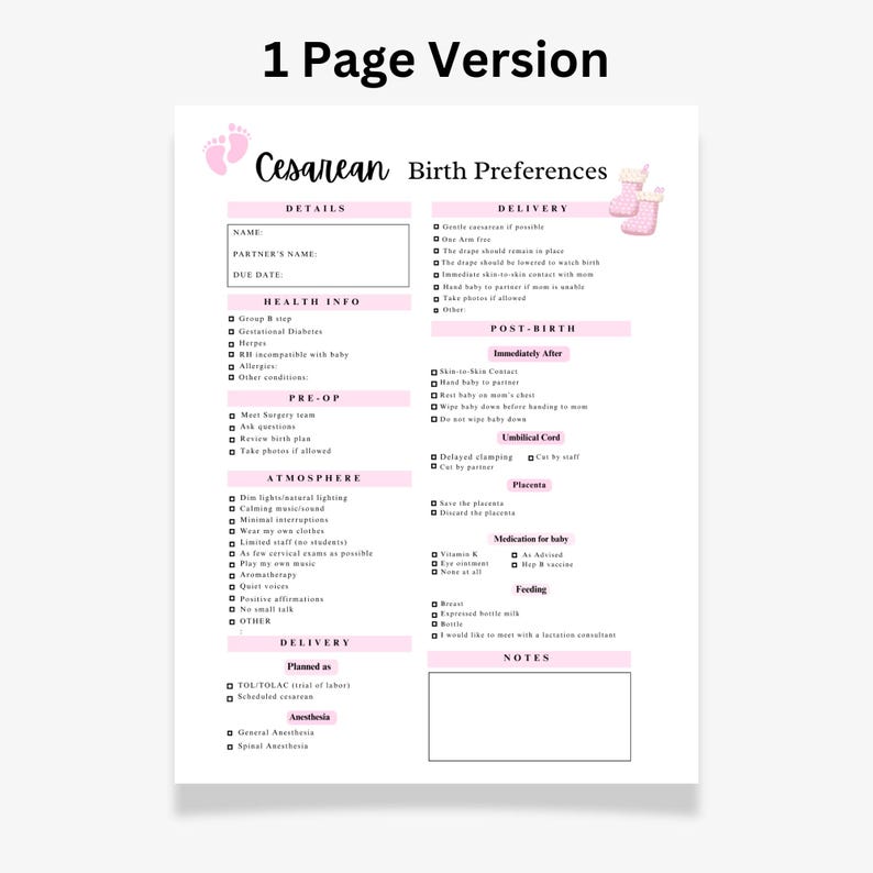 C-section Birth Plan Template, Baby Girl Birth Plan, Labor Delivery ...