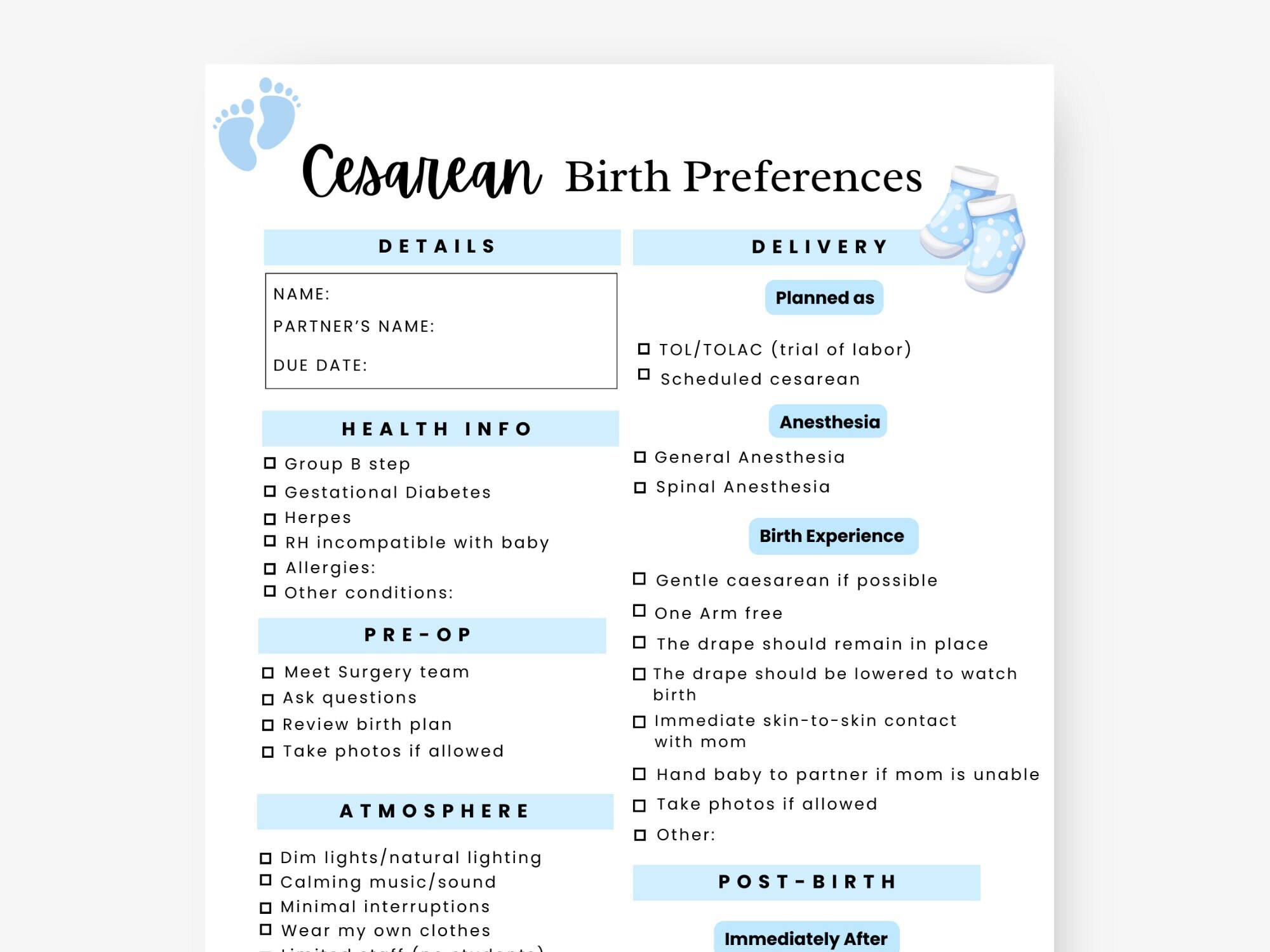 C Section Birth Plan Template for Boy, Pastel Blue Cesarean Birth Plan ...