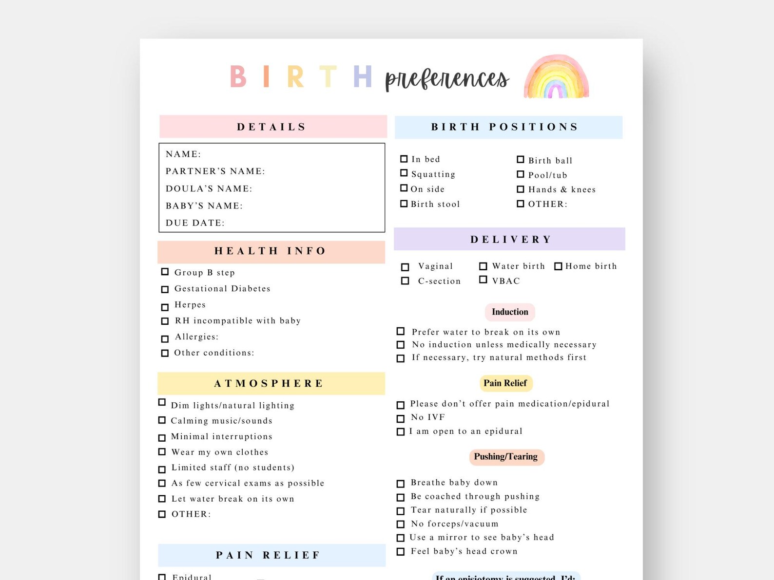 Editable Birth Plan Template Printable Doula Client Resource labor and ...