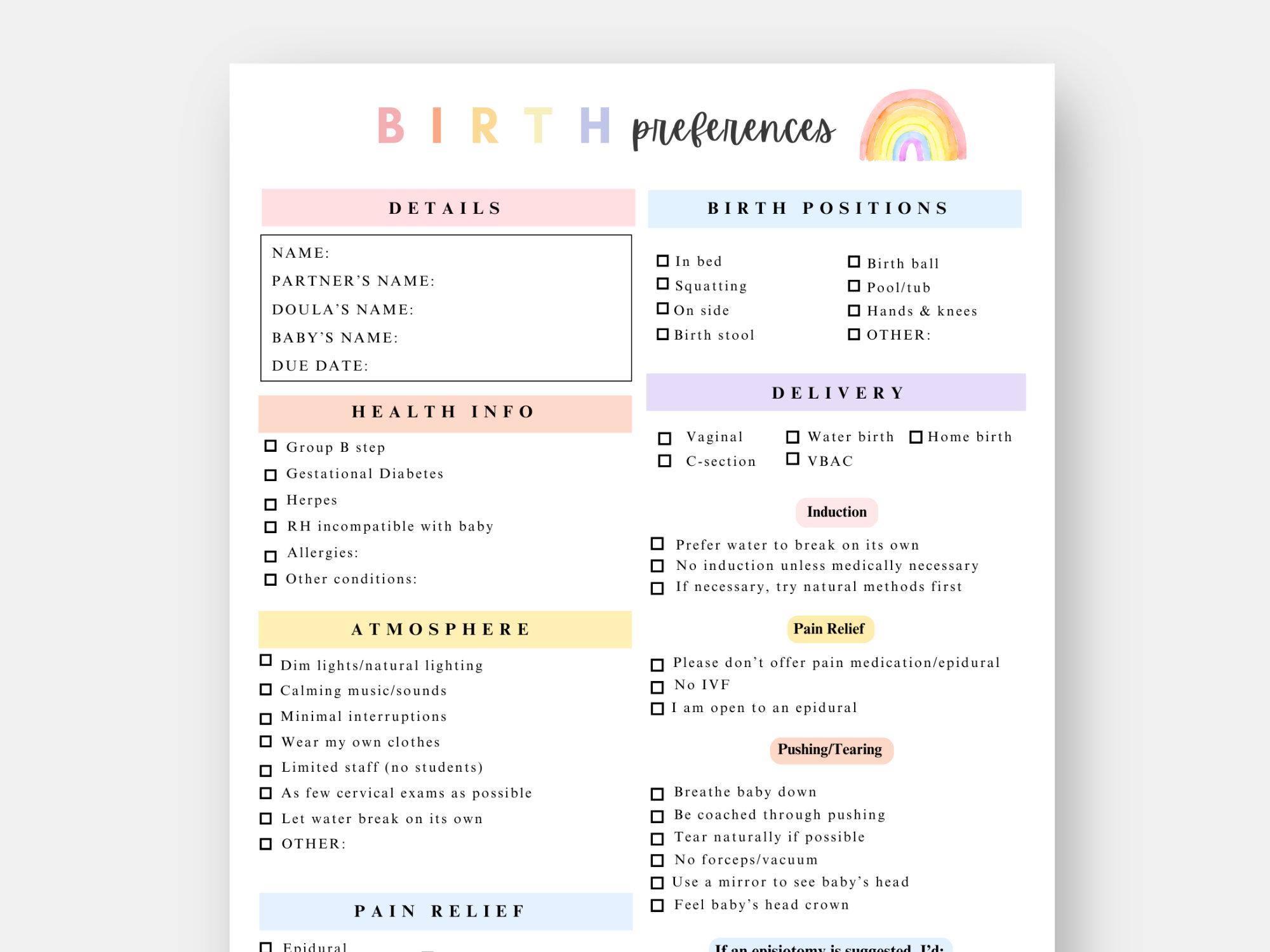 Editable Birth Plan Template Printable Doula Client Resource labor and ...