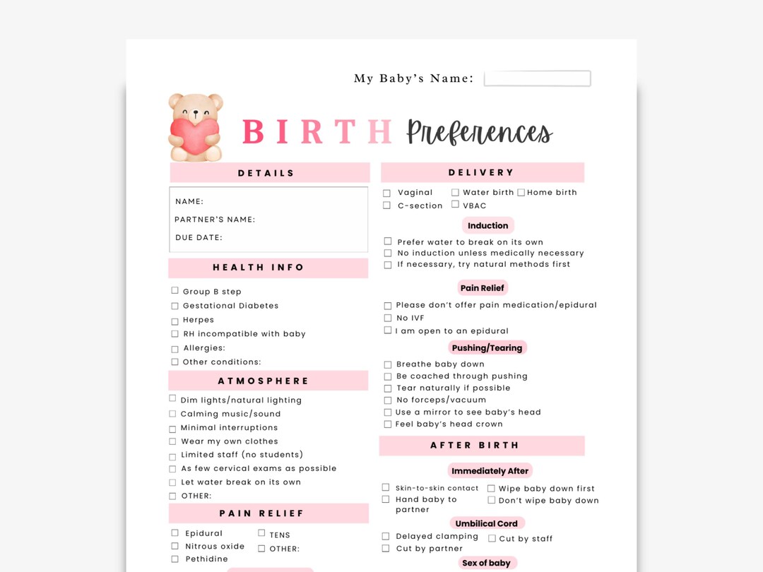 Plantilla de plan de parto imprimible, plan de parto editable en rosa ...