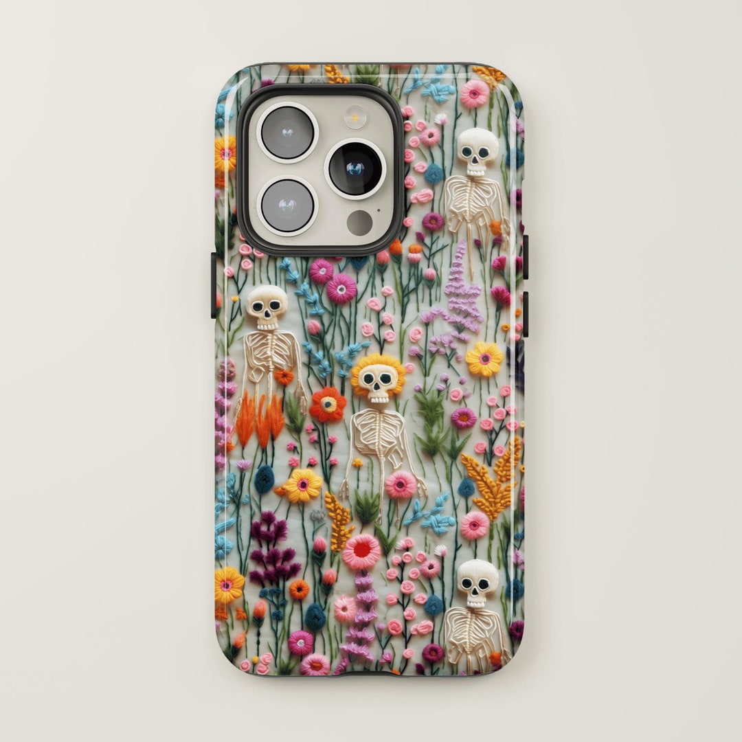 Vintage Skeletons in Bloom Phone Case, Faux Embroidery Floral Skeleton ...
