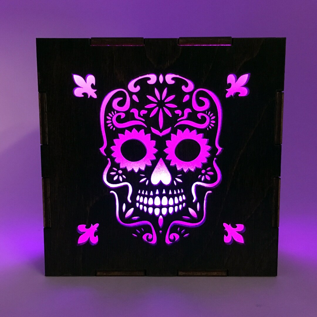 Day of the Dead Wood Lantern, Color Changing LED Light Cube, Sugar ...