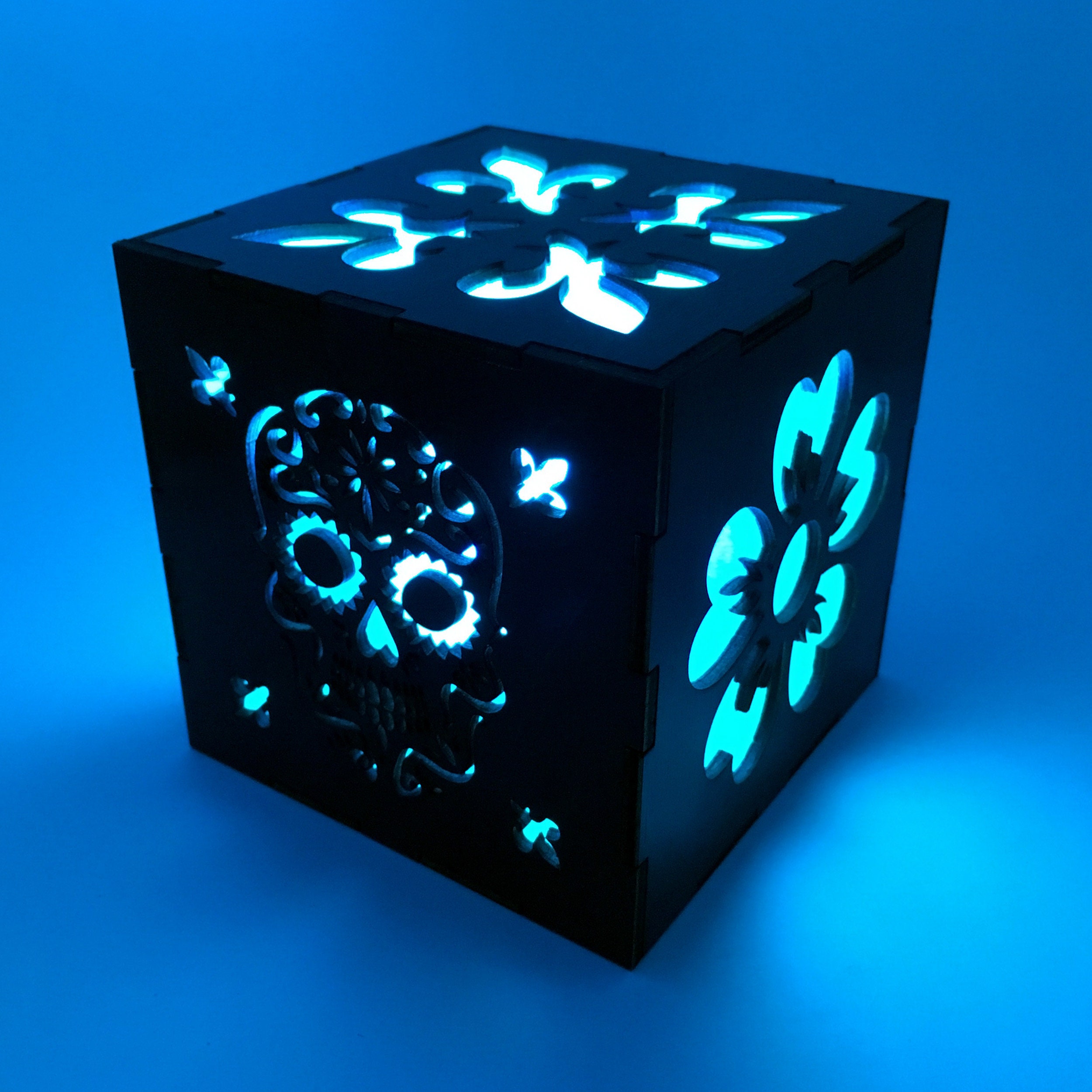 Day of the Dead Wood Lantern, Color Changing LED Light Cube, Sugar ...