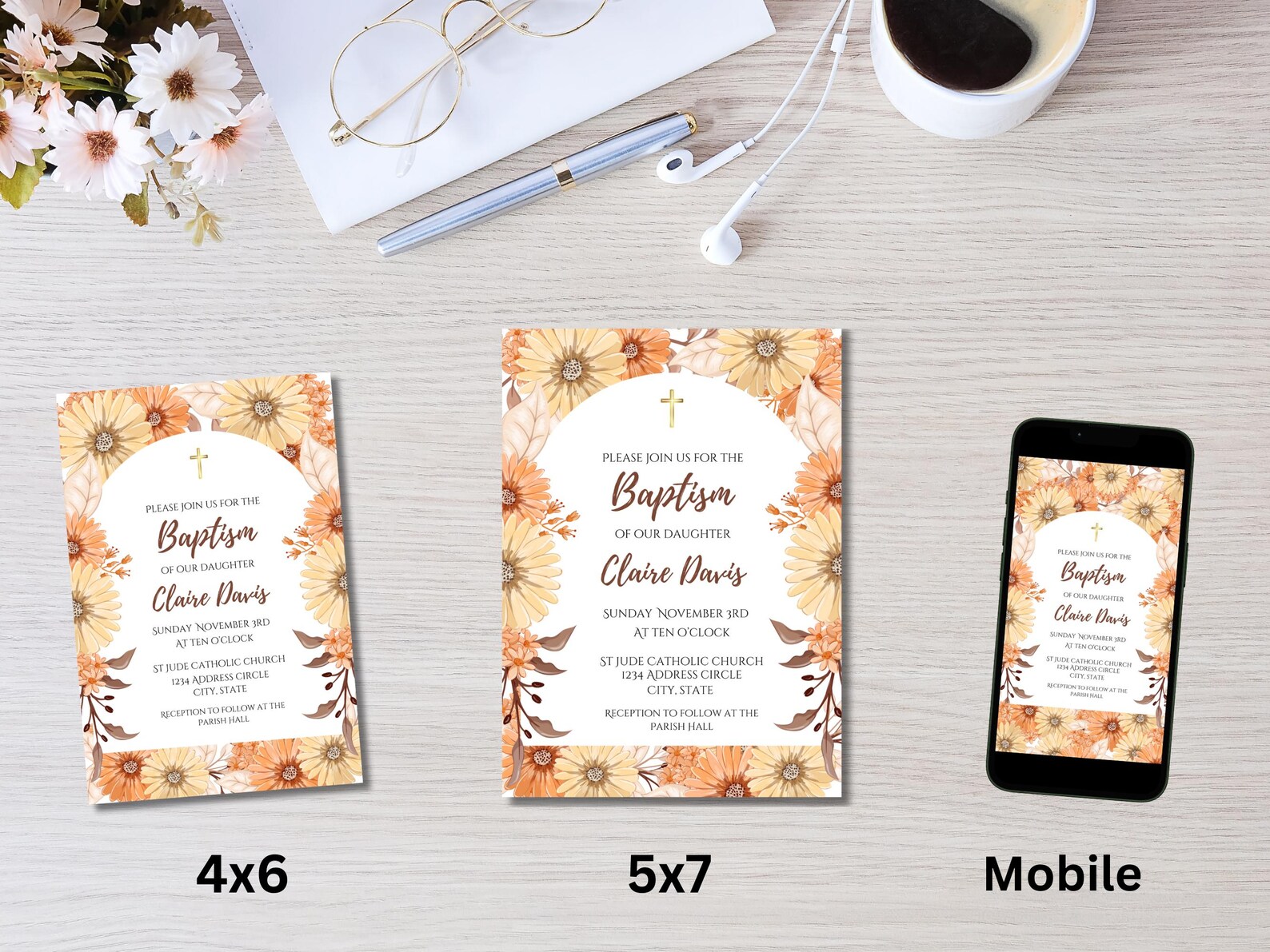 Editable Floral Baptism Invitation, Catholic Baby Christening Template ...