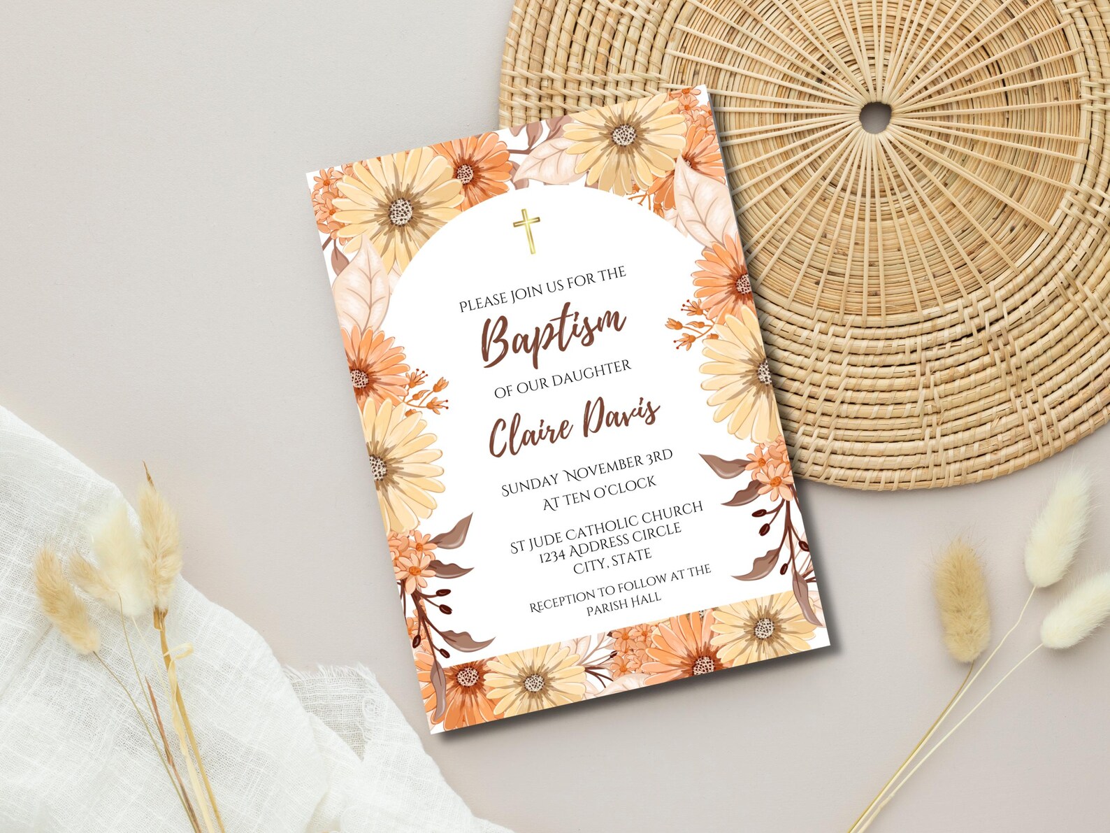 Editable Floral Baptism Invitation, Catholic Baby Christening Template ...