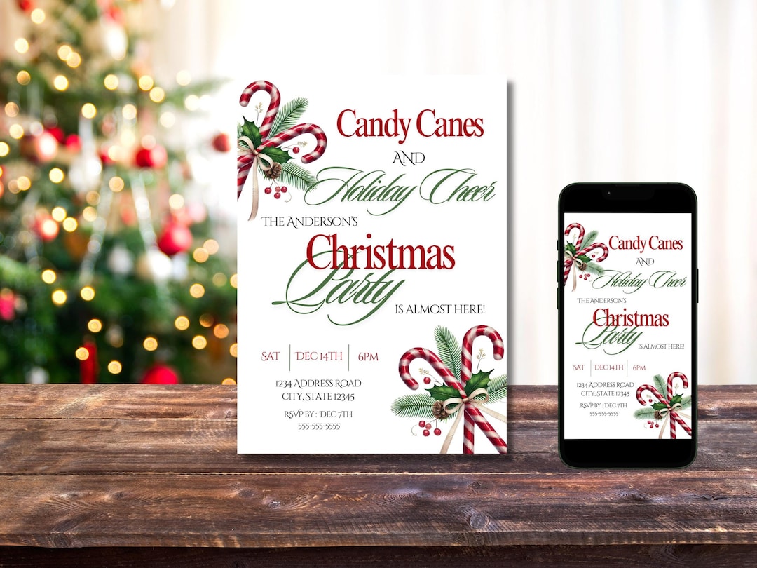 Candy Cane Christmas Party Invitation: Editable Holiday Template ...