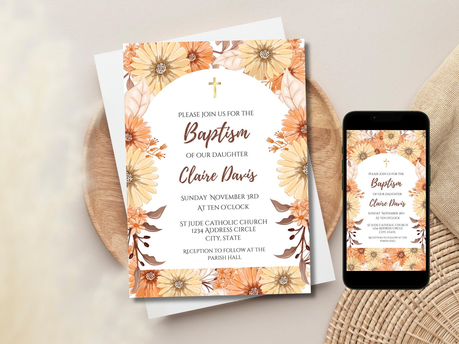 Editable Floral Baptism Invitation, Catholic Baby Christening Template ...