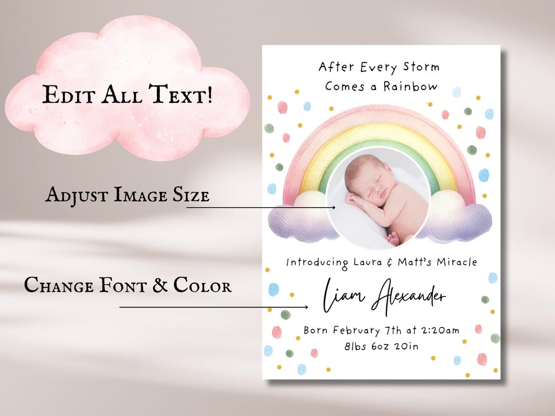Personalized Rainbow Baby Announcement Template: Photo Placeholder ...