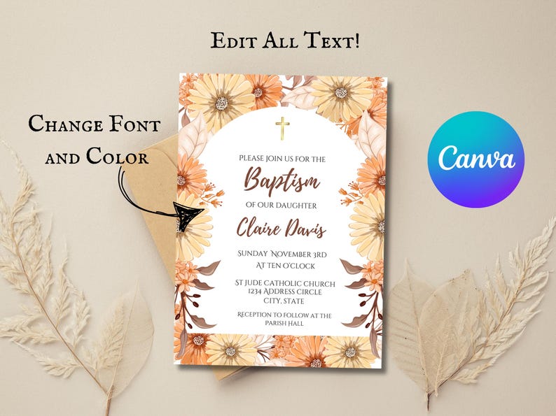 Editable Floral Baptism Invitation, Catholic Baby Christening Template ...