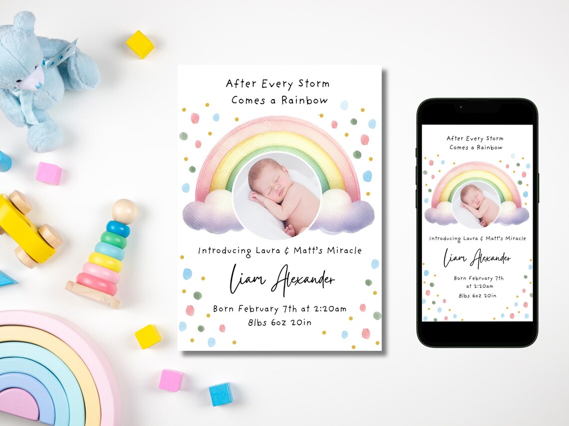 Personalized Rainbow Baby Announcement Template: Photo Placeholder ...