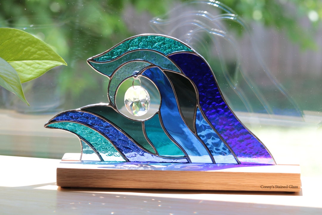 Wave Stained Glass Suncatcher With Stand - Etsy