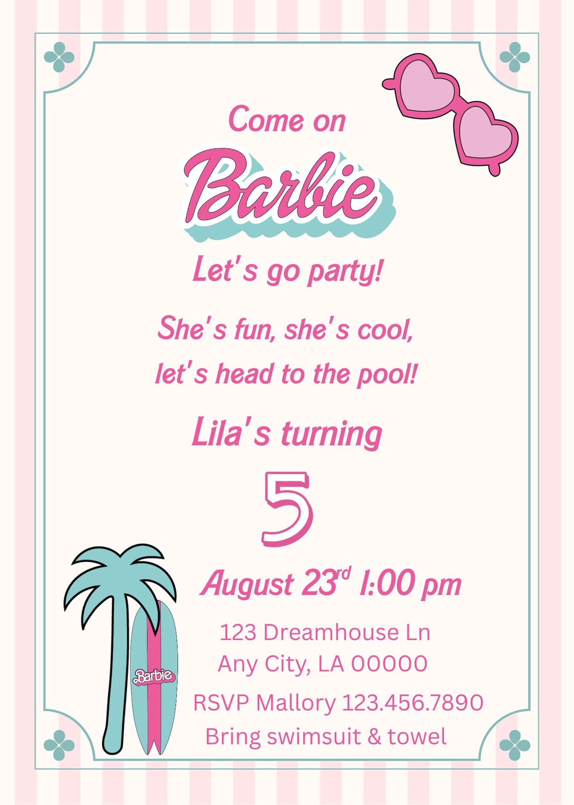 Malibu Barbie Pool Party Invitation for 5th Birthday & Thank You Sign ...