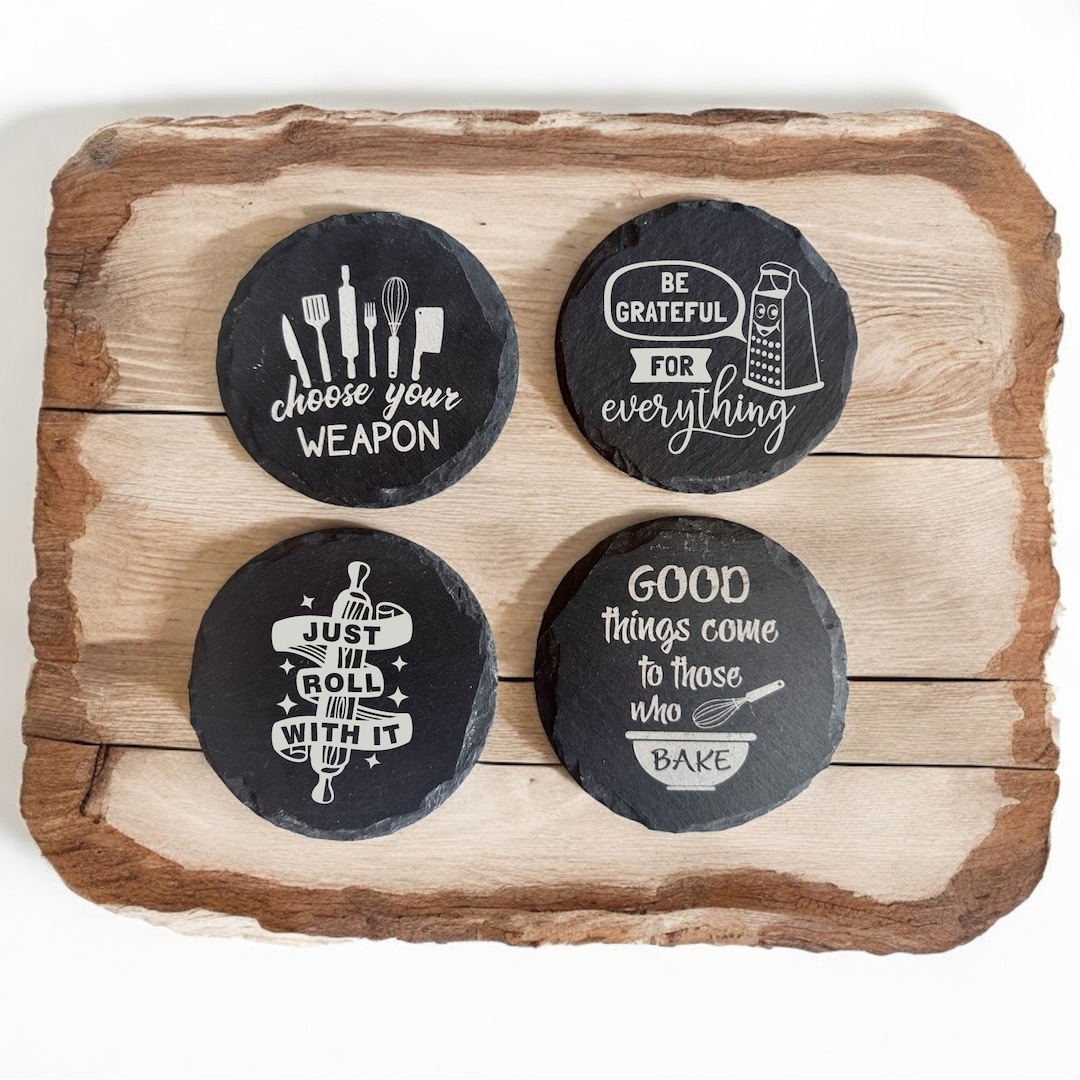 Engraved Slate Coasters Set of 4, Kitchen Baking Themed Drink Coasters ...