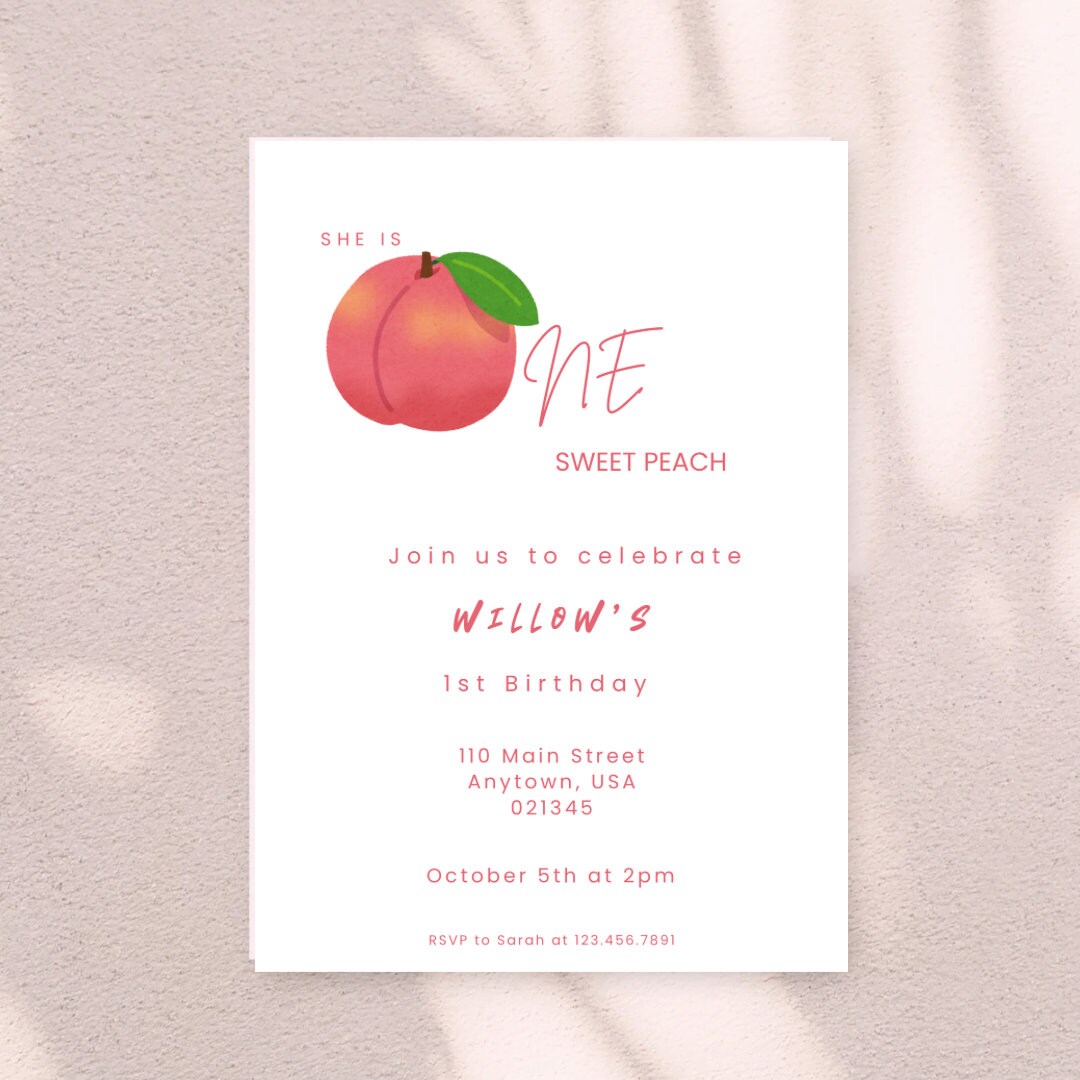 Editable Peach Birthday Invitation Template, One Sweet Peach Birthday ...