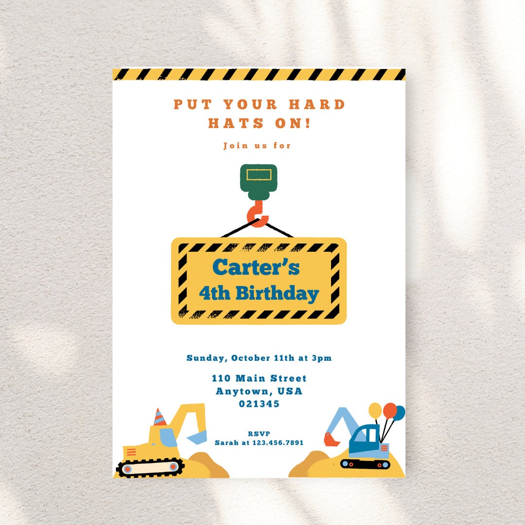 Editable Construction Birthday Party Invitation Template, Construction ...