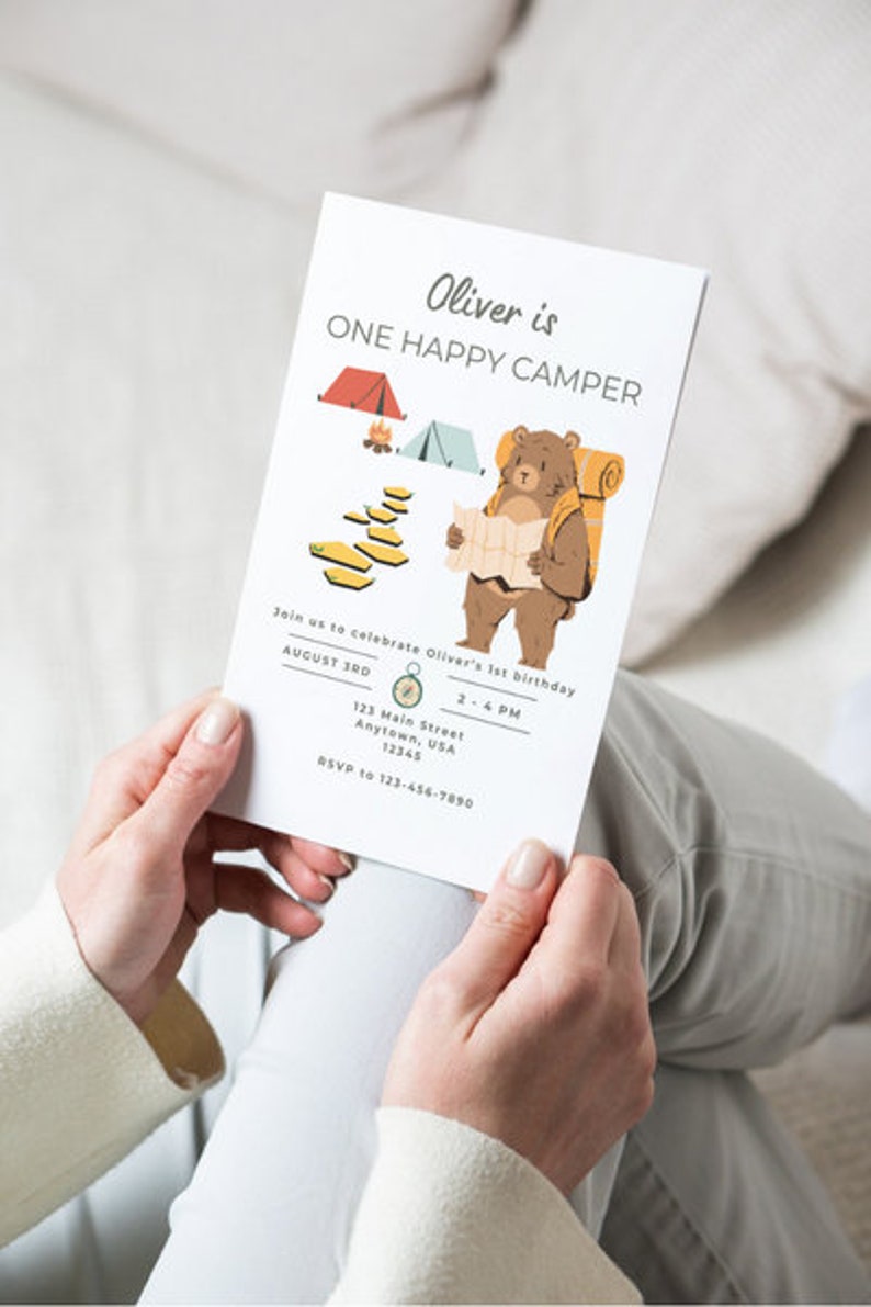 ONE Happy Camper Theme 1st Birthday Party Invitation, Camping, Camper, Adventure, Boy First ...