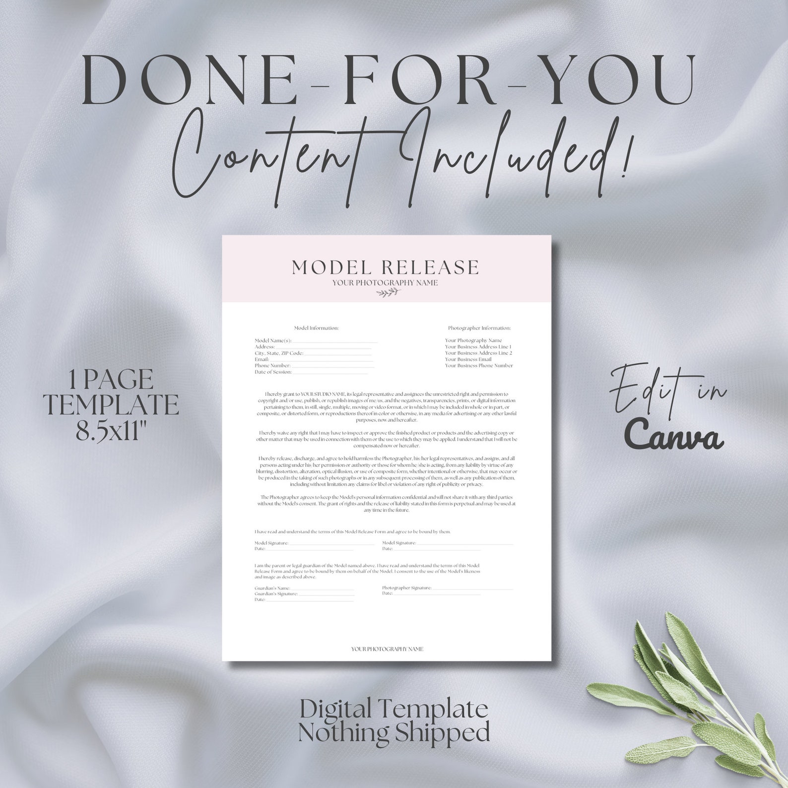 Model Release Form, Model Release, Photography Forms, Minor Model ...