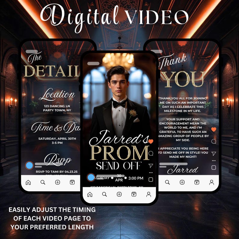 Black Prom Send-off Invitation, Stylish Tux Digital Video Invite ...