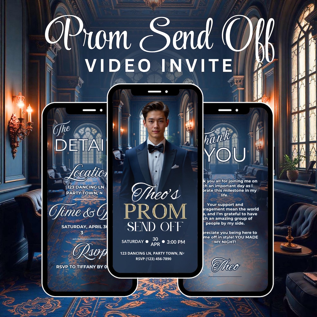 Navy Prom Send-off Invitation, Classic Digital Video Invite, Editable ...