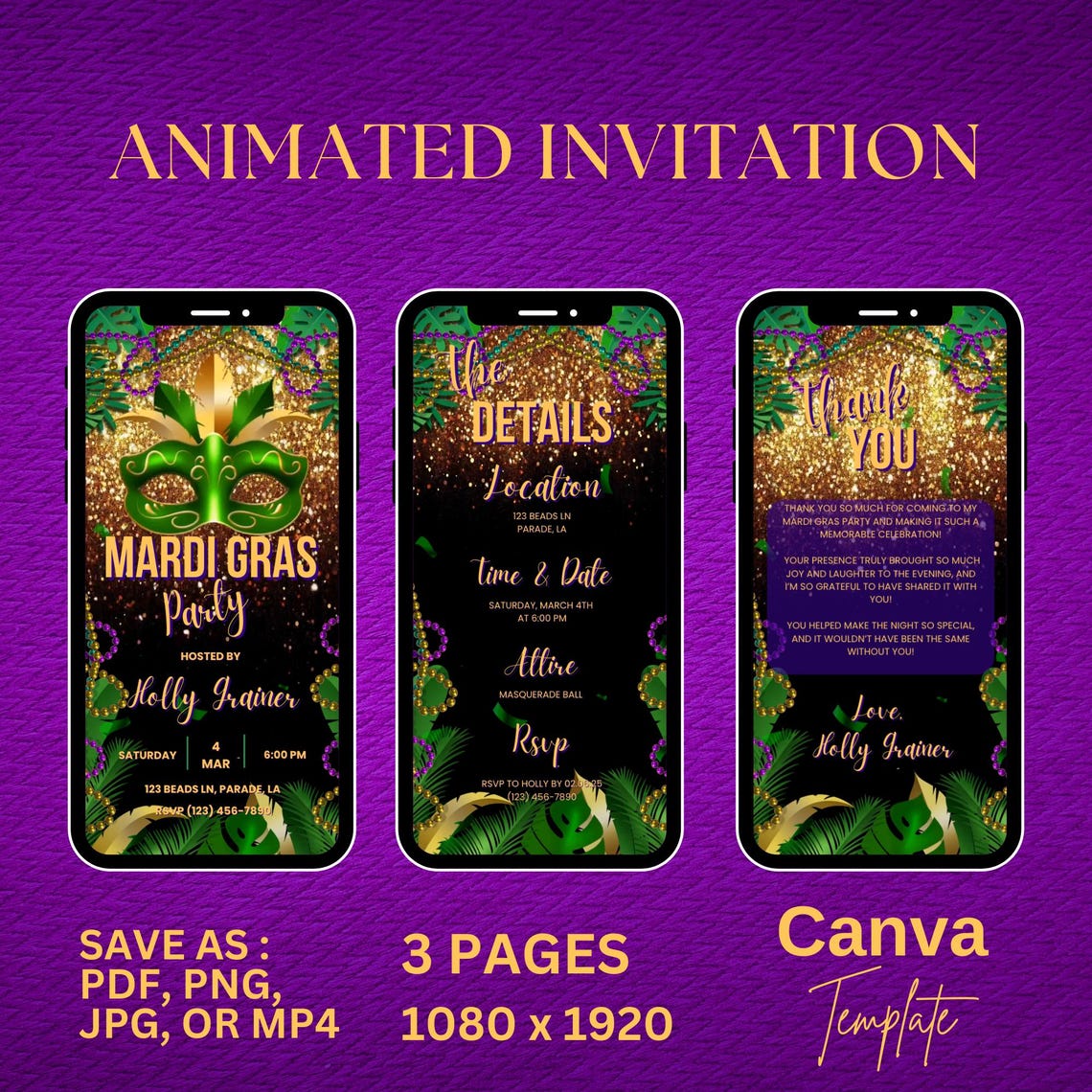 Mardi Gras Party Invitation: Editable Animated Masquerade Video ...