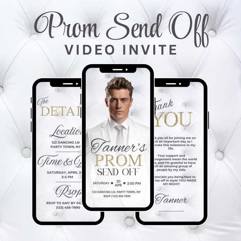 White Prom Send-off Invitation, Classic & Luxe Digital Video Invite ...