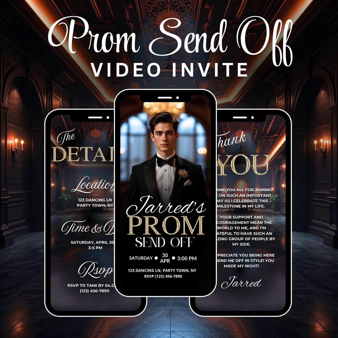 Black Prom Send-off Invitation, Stylish Tux Digital Video Invite ...