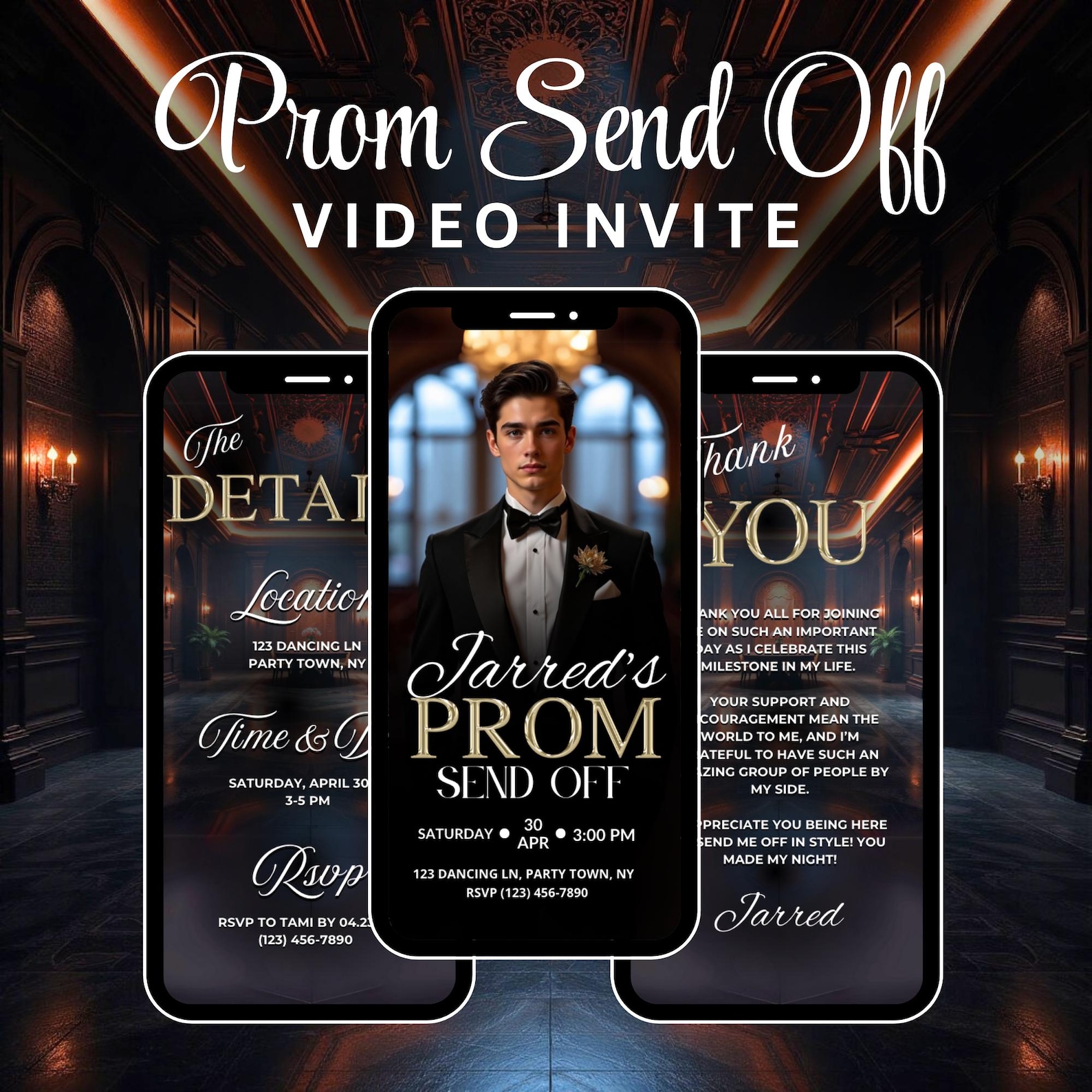 Black Prom Send-off Invitation, Stylish Tux Digital Video Invite ...
