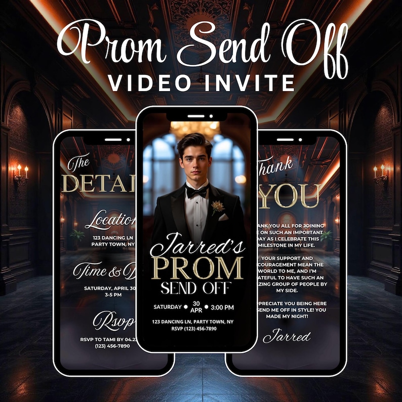 Black Prom Send-off Invitation, Stylish Tux Digital Video Invite ...