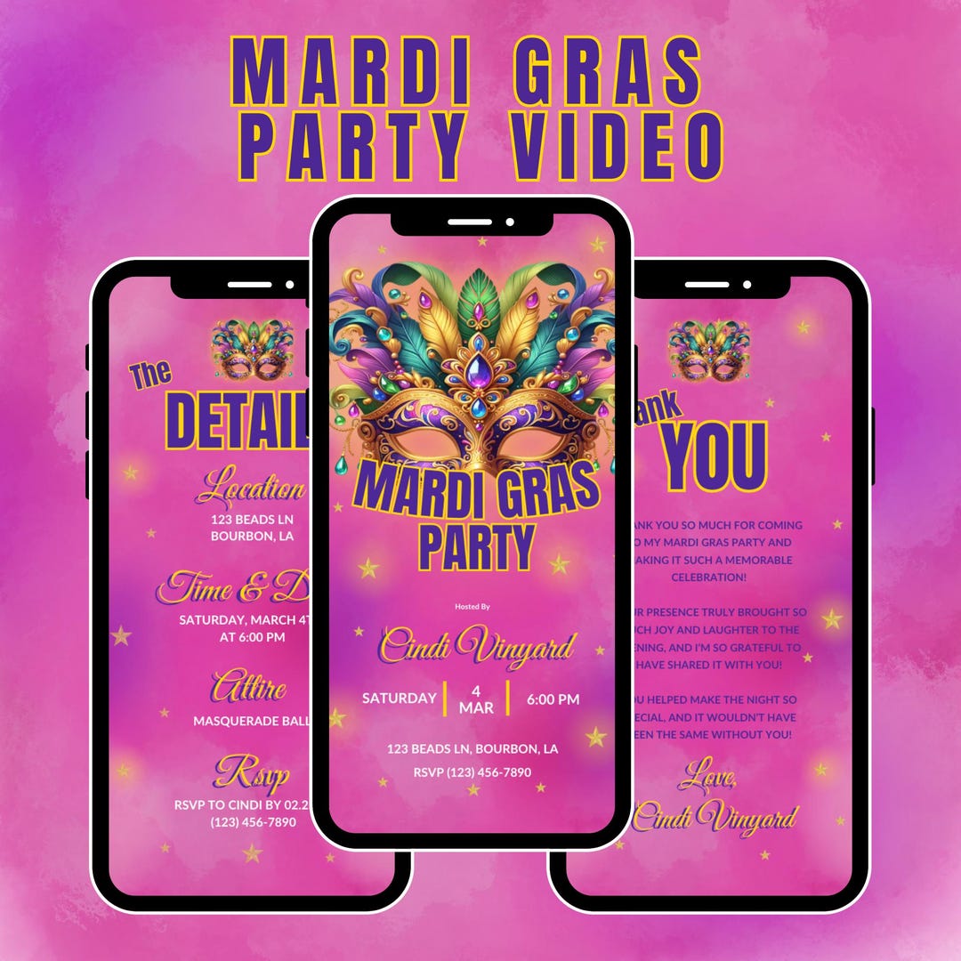 Mardi Gras Masquerade Party Video Invitation: Editable Animated Invite ...