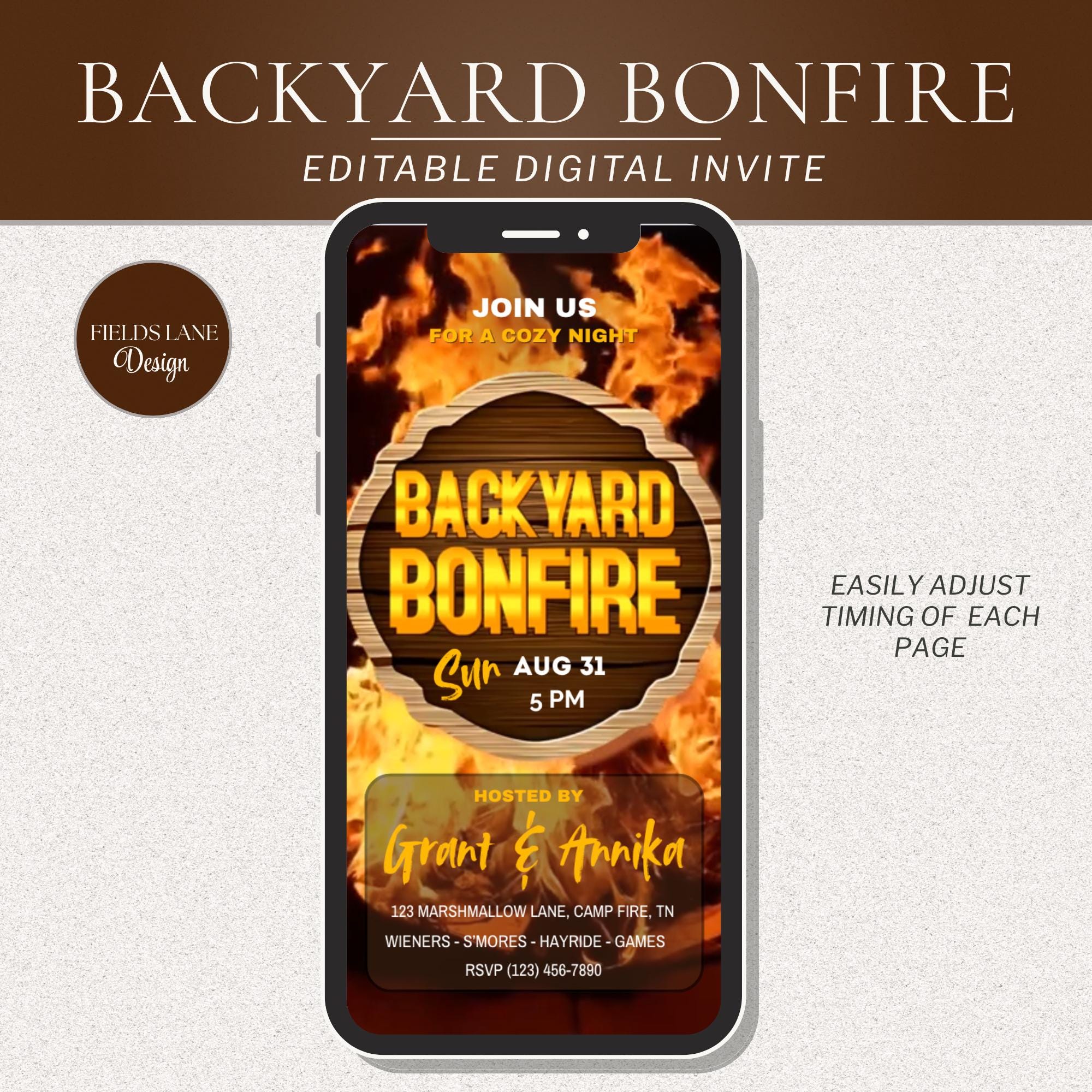 Editable Backyard Bonfire Party Invitation, Campfire Invite for Phone ...