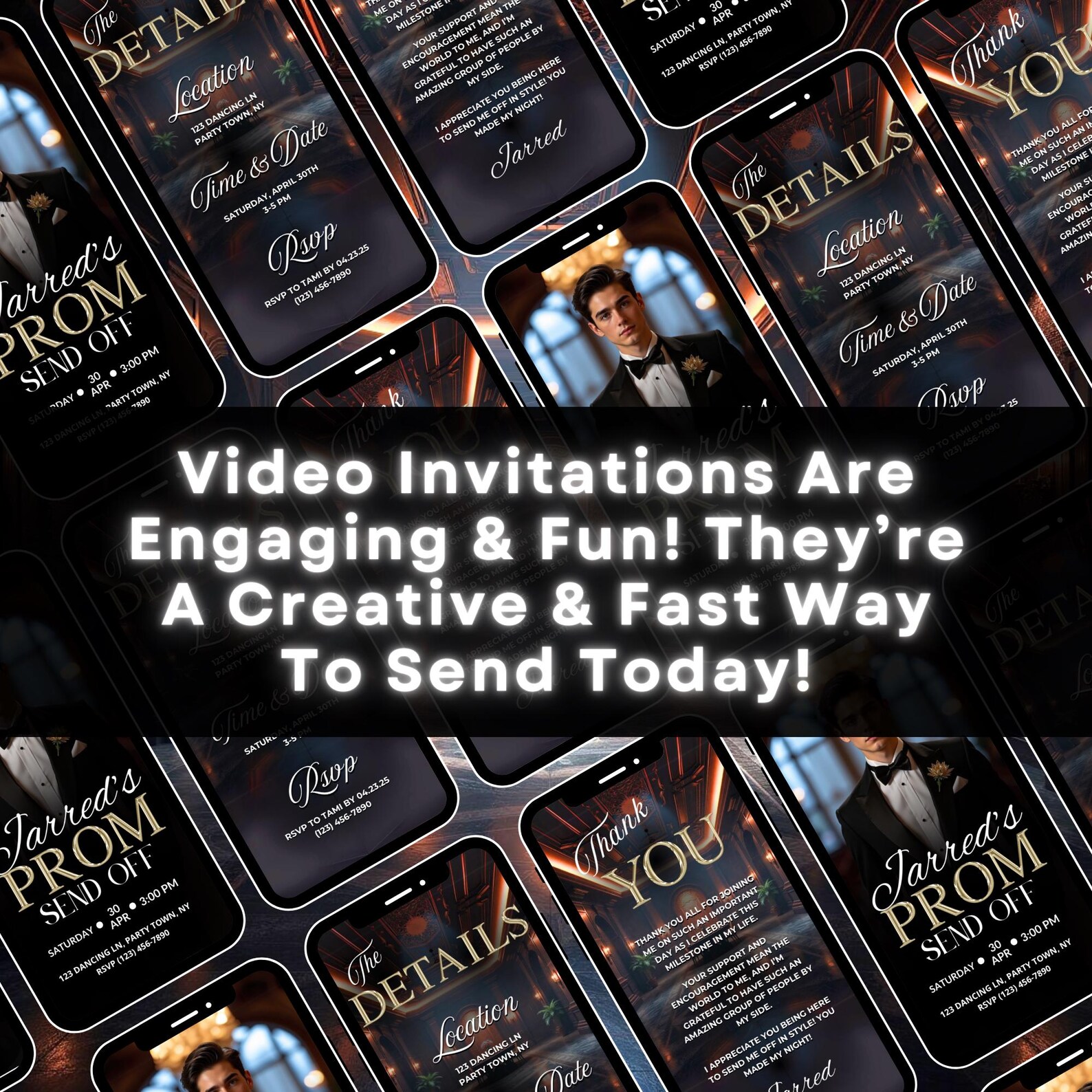 Black Prom Send-off Invitation, Stylish Tux Digital Video Invite ...