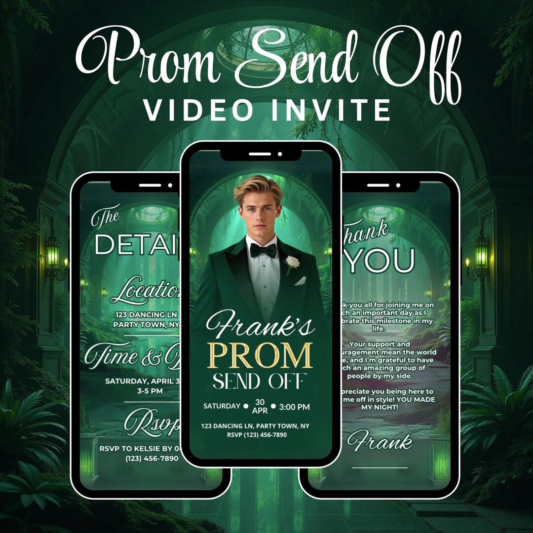 Green Prom Send-off Invitation, Unique & Stylish Digital Video Invite ...