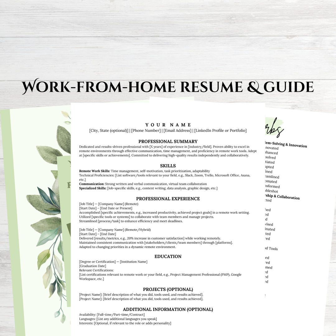 Work From Home Resume, WFH Resume, Resume Template, CV Template & Guide ...