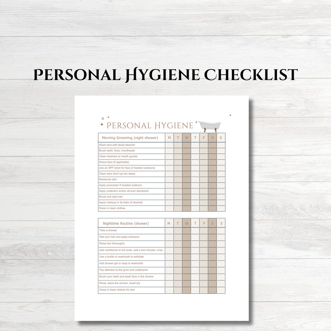 Minimalist Hygiene Tracker, Daily Grooming and Self-care Checklist ...
