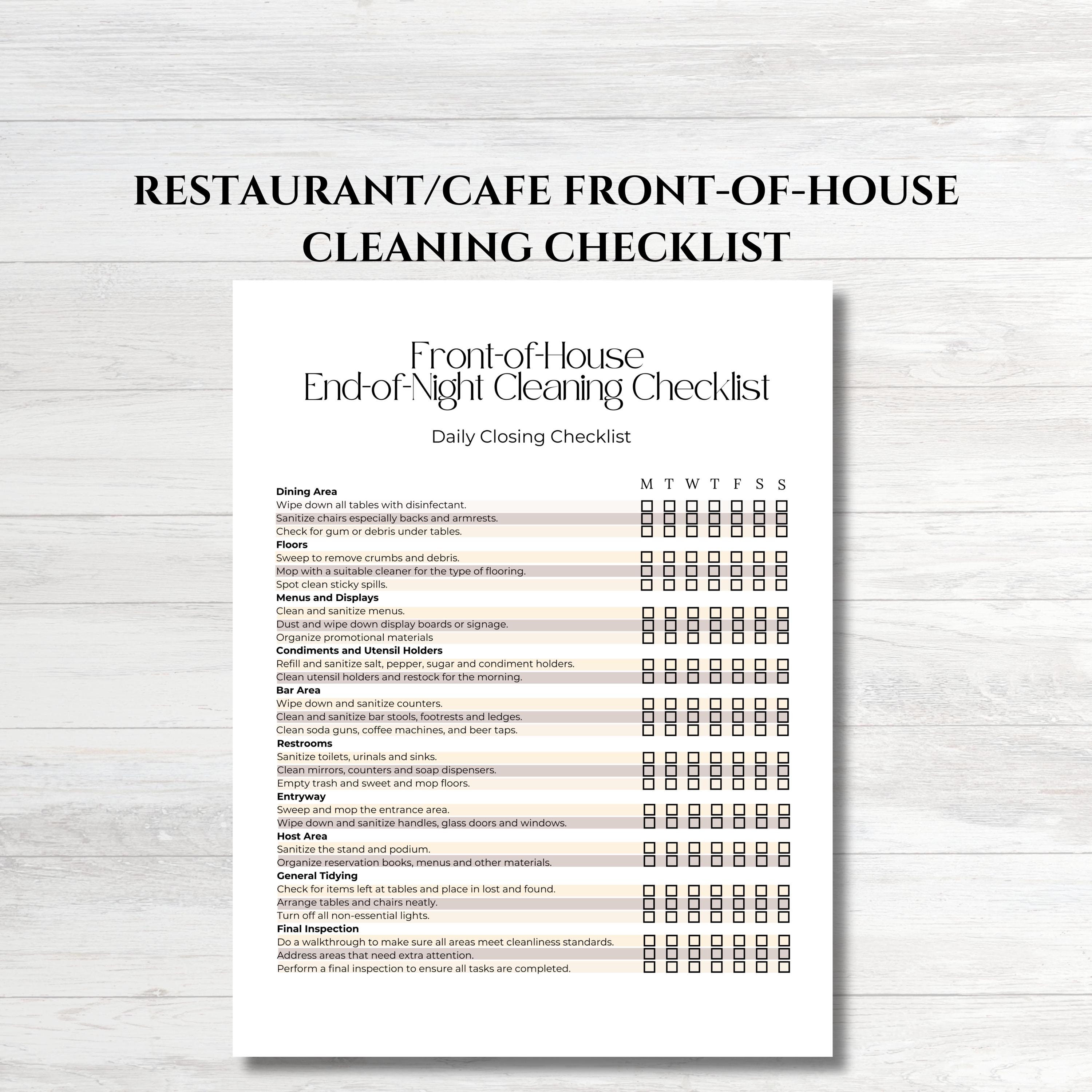 Restaurant Cleaning Checklist, Café Cleaning Log, Front of House ...